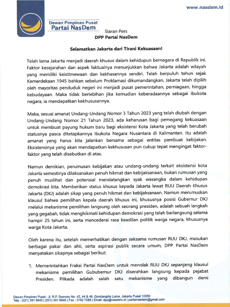 Siaran Pers (Partai NasDem) | PDF