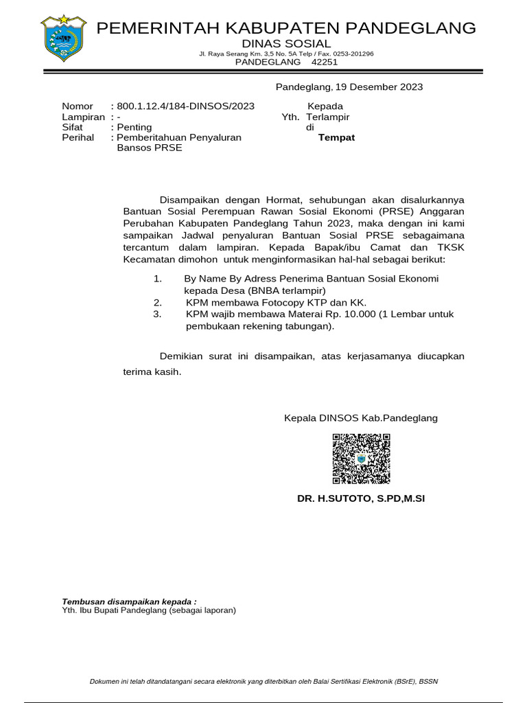 Surat Pemberitahuan Penyaluran Bansos Prse 2023 | PDF
