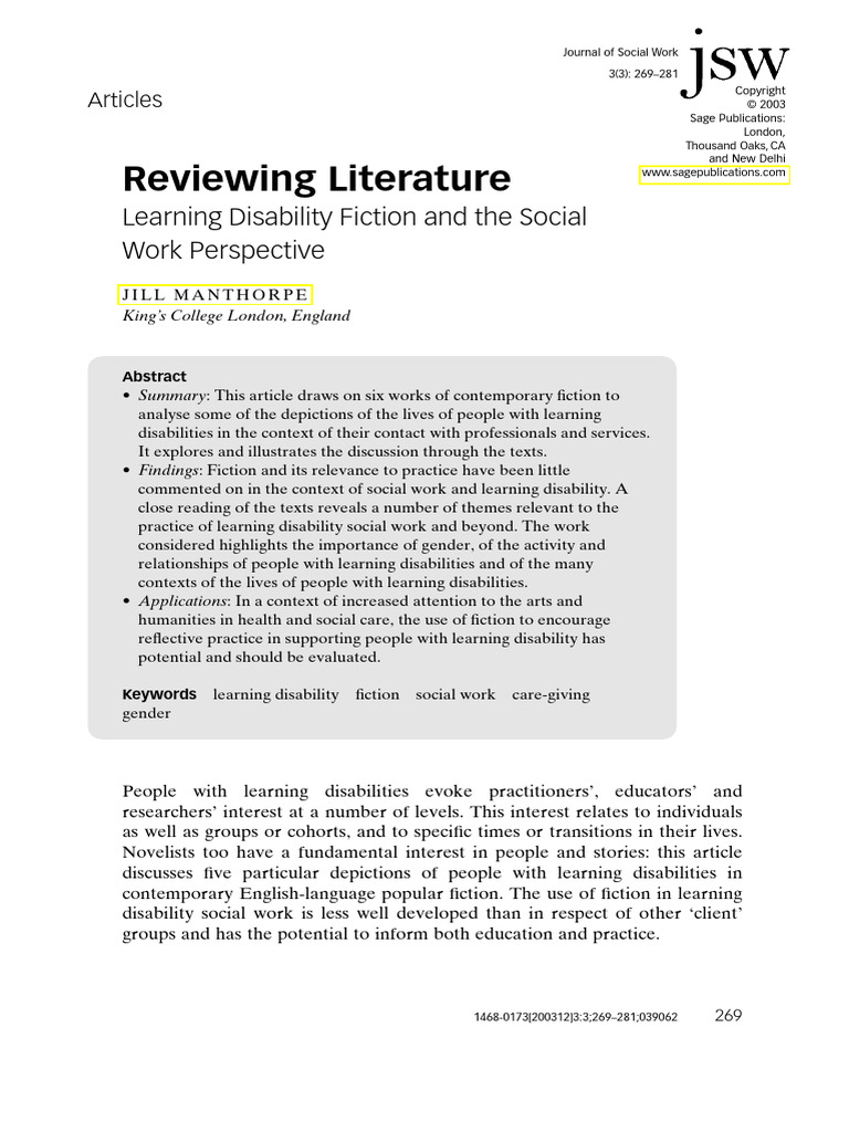 Reviewing Literature Learning Disability Fiction and The Social Work ...