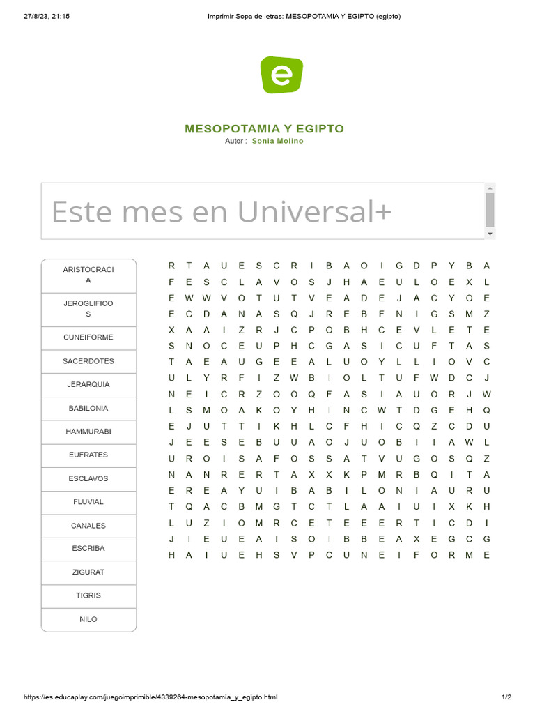Imprimir Sopa de Letras_ MESOPOTAMIA Y EGIPTO (Egipto) | PDF ...