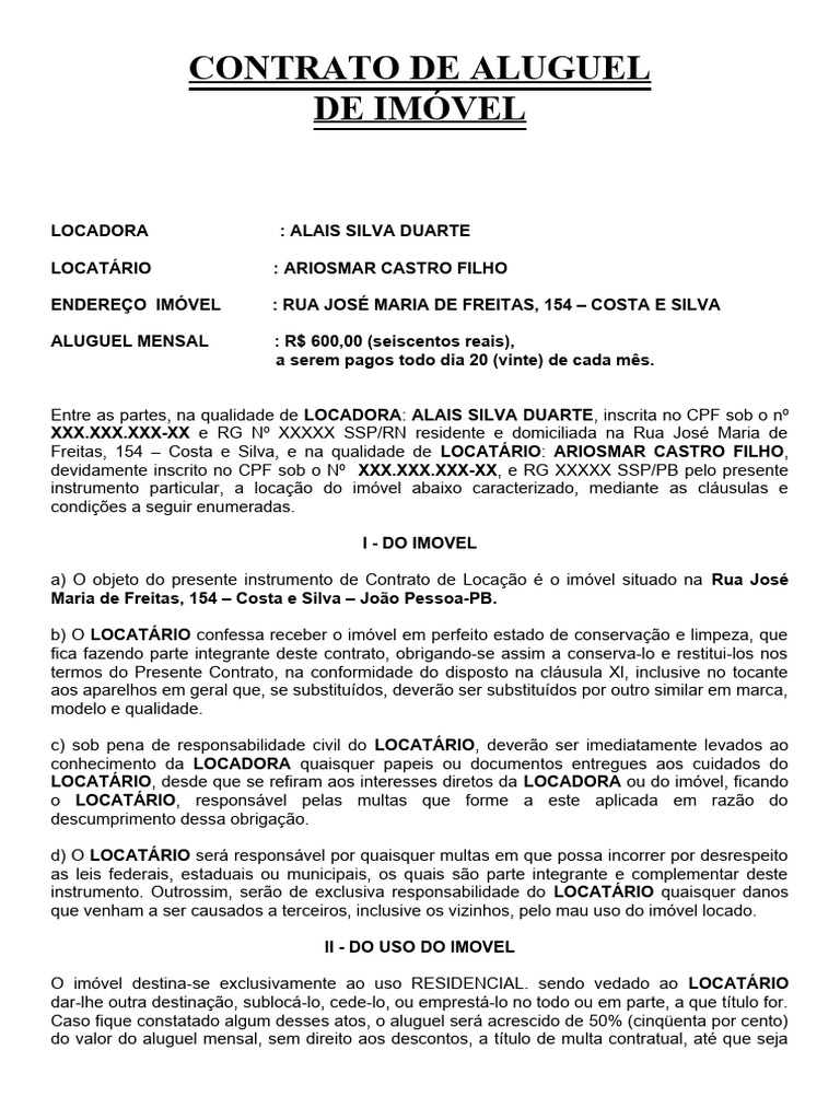 Contrato de Aluguel - Modelo 1 Locadora e Locatário | PDF | Aluguel ...