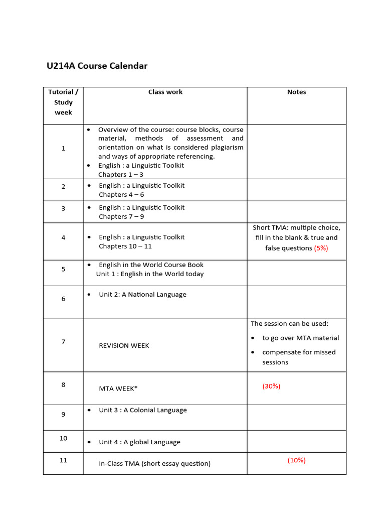 U214A and B Course Calendar Fall 2023-2024 | PDF