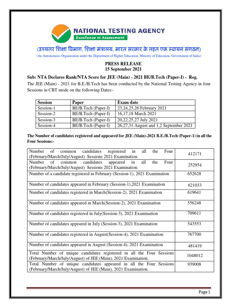Press Release 15 September 2021 Sub: NTA Declares Rank/NTA Score For ...