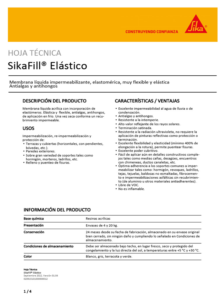 Ficha Técnica Sikafill Elastico | Descargar gratis PDF | Agua | Hormigón