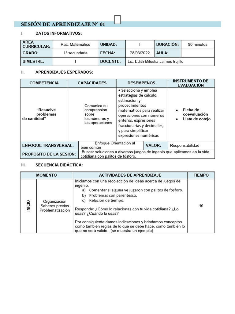 Sda01 - RM - 1ro Sec | PDF | Evaluación | Aprendizaje