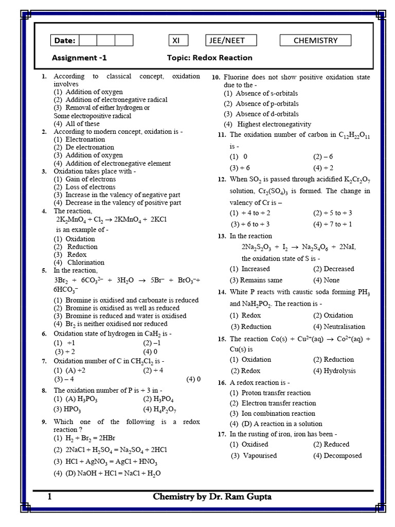 Redox DPP - JEE-NEET | PDF | Redox | Chemical Reactions