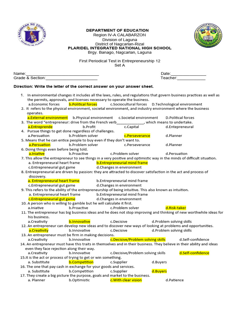 SET A Key To Correction | PDF | Entrepreneurship | Economies