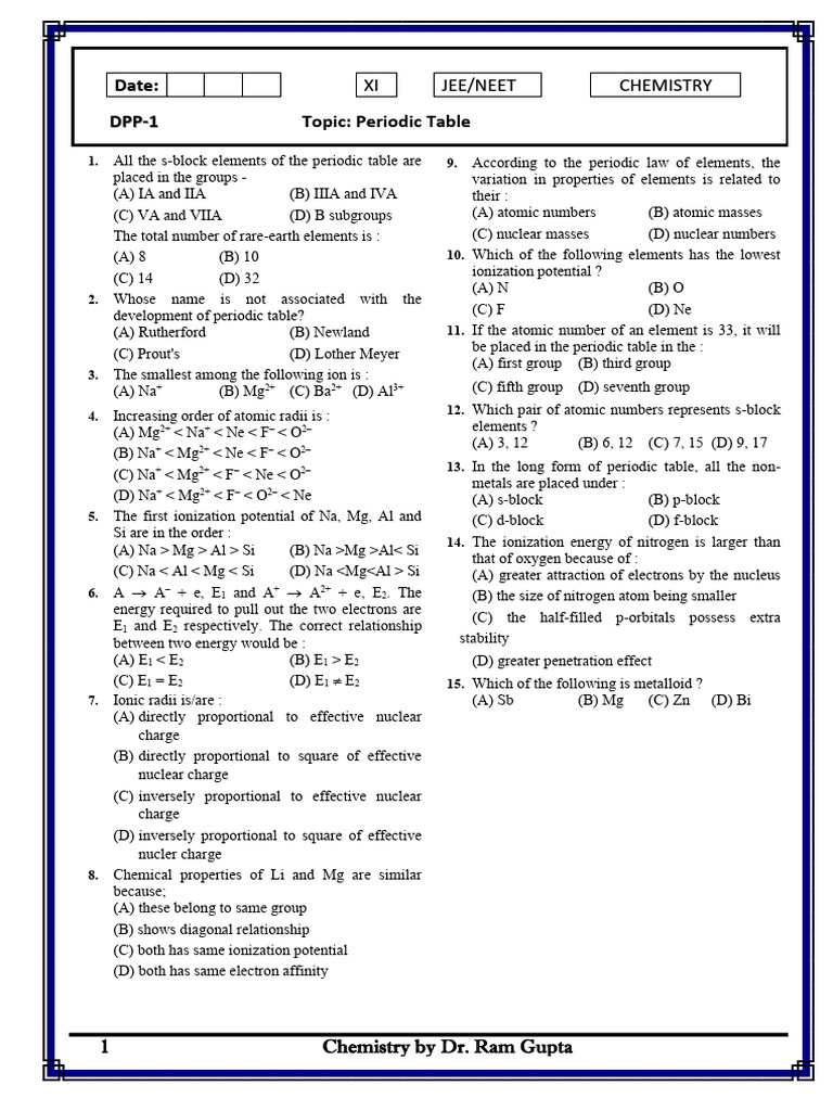 Periodic Table - DPP - JEE-NEET | PDF | Periodic Table | Ion