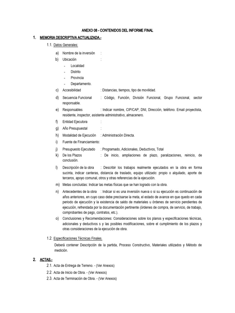 ANEXO 08 - Contenido Informe Final | PDF | Presupuesto