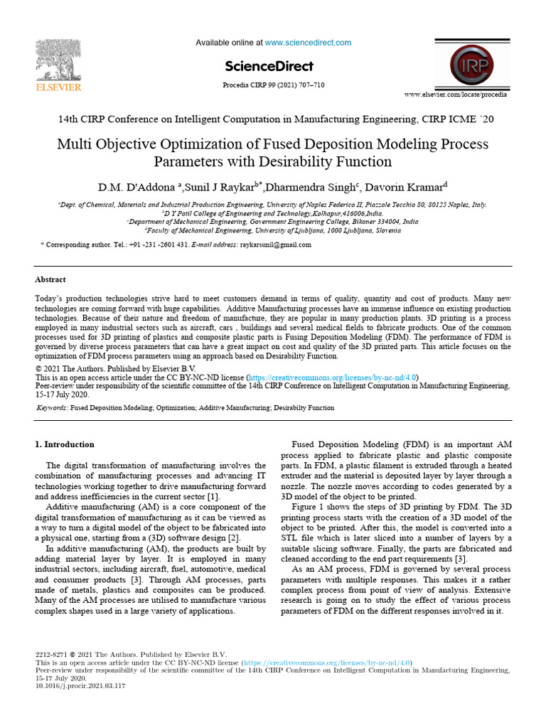 2021 - Multi Objective Optimization FDM Desirability Function | PDF