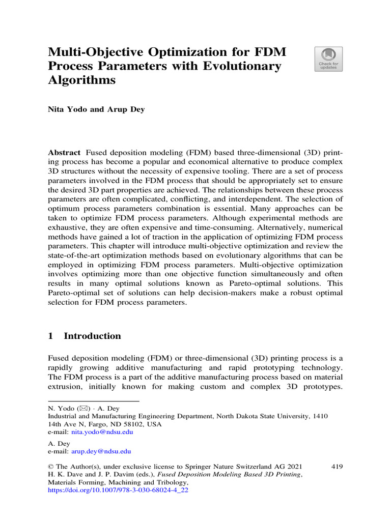 2022 - Multi-Objective Optimization For FDM Process Parameters With Evolutionary Algorithms | PDF