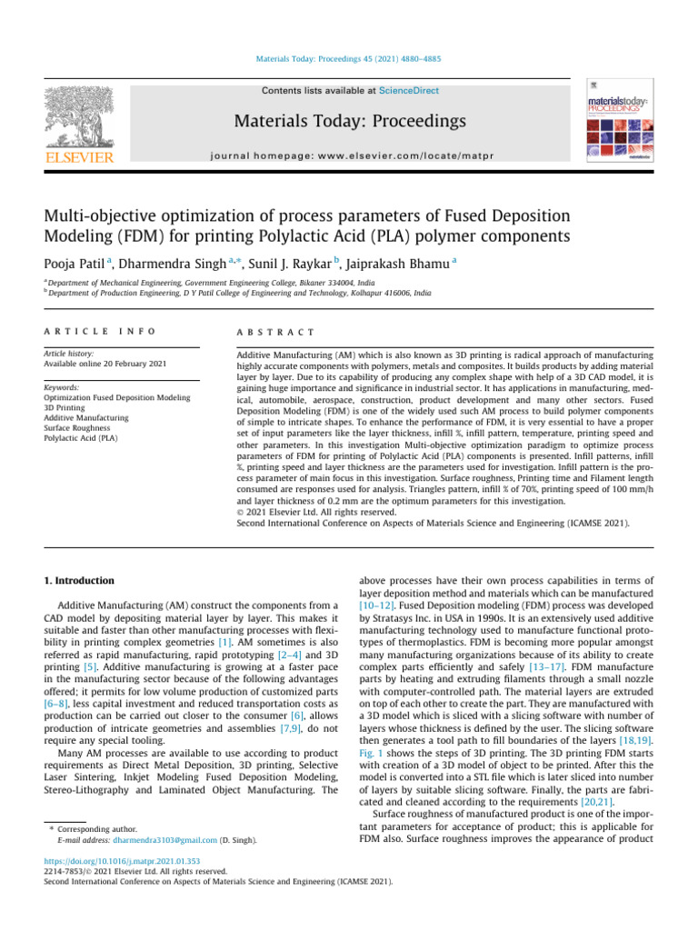 2022 - Multi-Objective Optimization of Process Parameters of FDM PLA | PDF