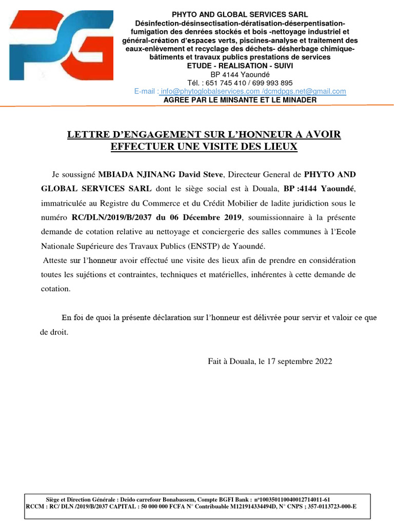 Lettre D'engagement Sur L'honneur de Visite Des Lieux | PDF Lettre D'engagement Sur L'honneur de Visite Des Lieux | PDF