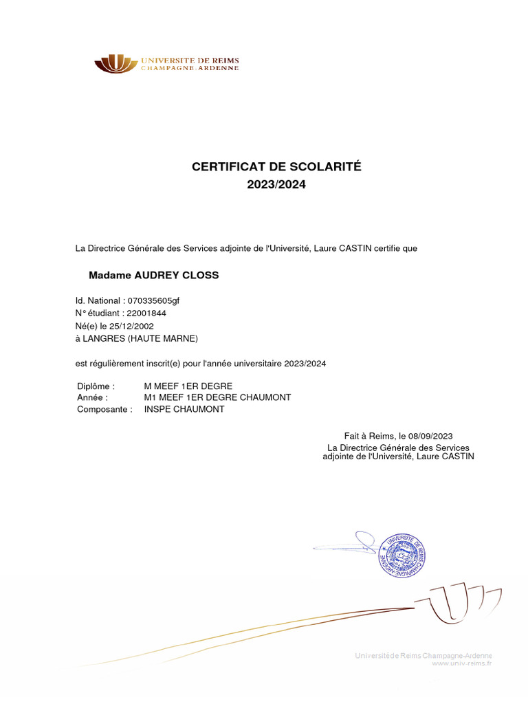 Certificat de scolarité M1 MEEF 2023/2024 | PDF