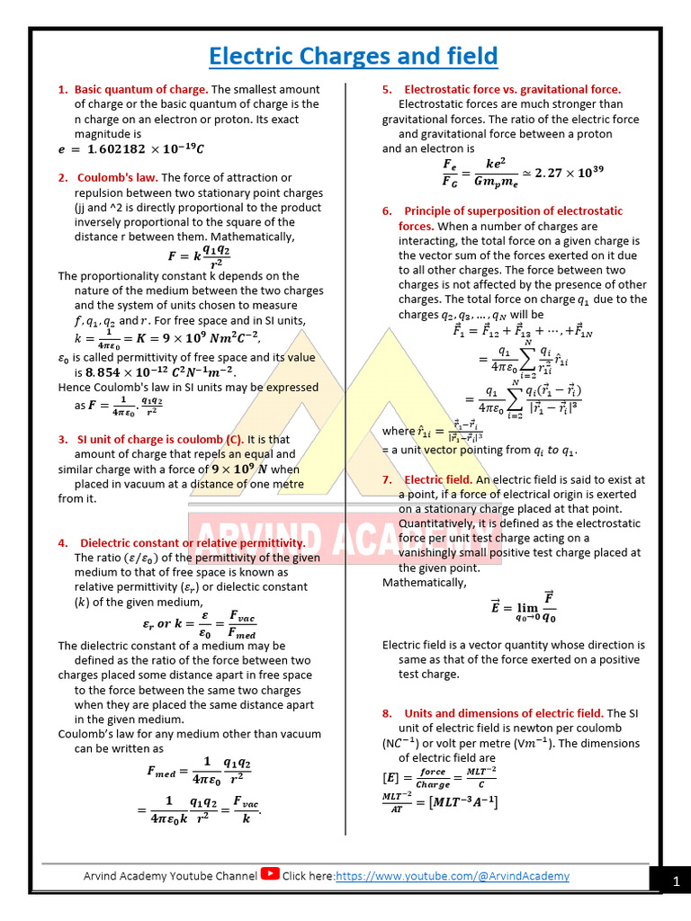 Chap 1 Electric Charges and Field Formula | PDF