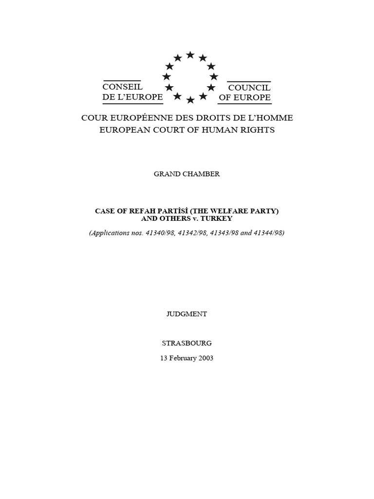 Case of Refah Partisi (The Welfare Party) and Others v. Turkey ...