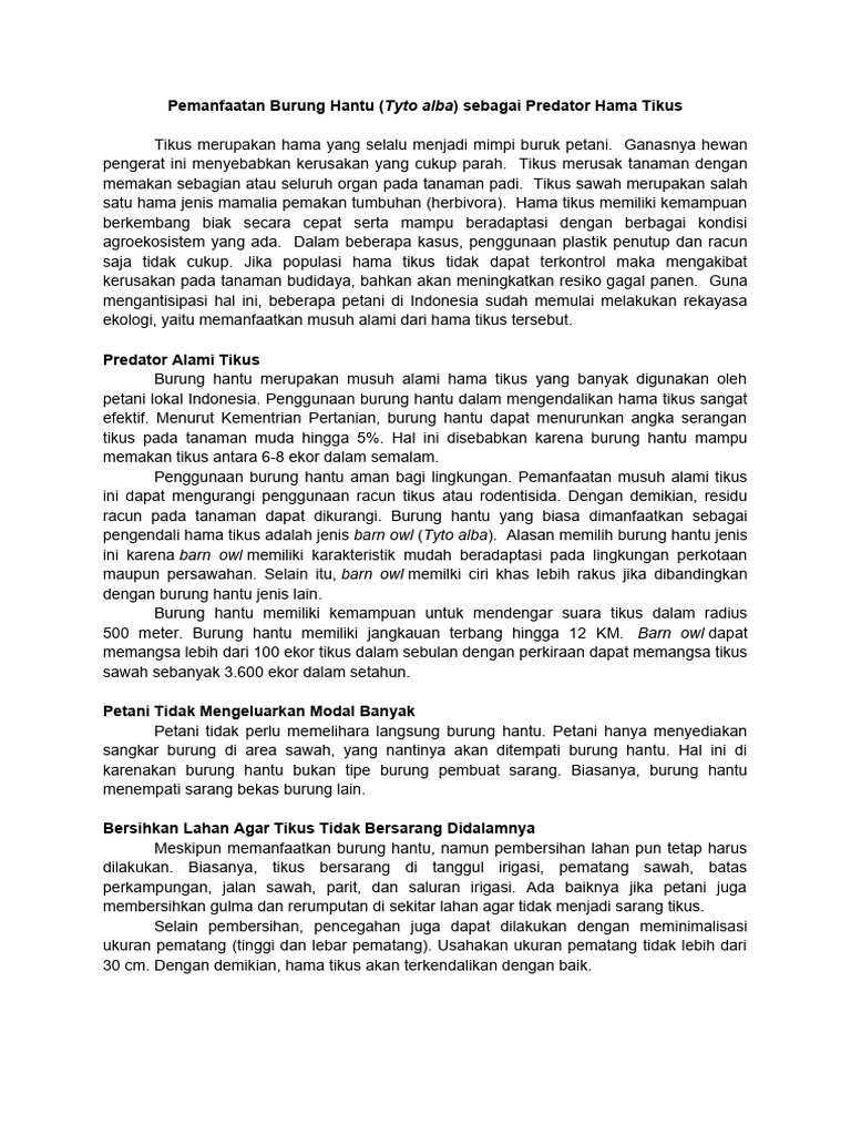 Pemanfaatan Burung Hantu (Tyto Alba) Sebagai Predator Hama Tikus | PDF