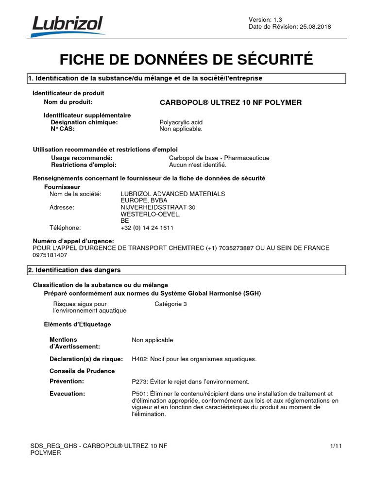 SDS Carbopol Ultrez 10 NF Polymer | PDF