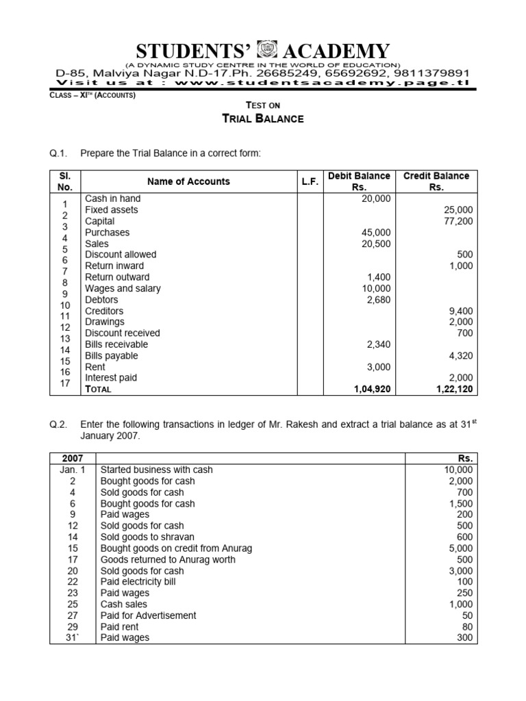 Trial Balance Test for Class XI Accounts | PDF | Debits And Credits ...