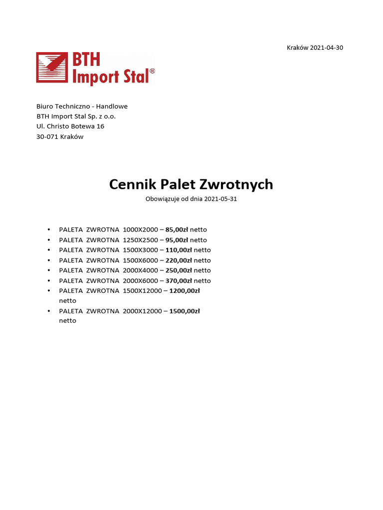 Cennik Palet-BTH | PDF