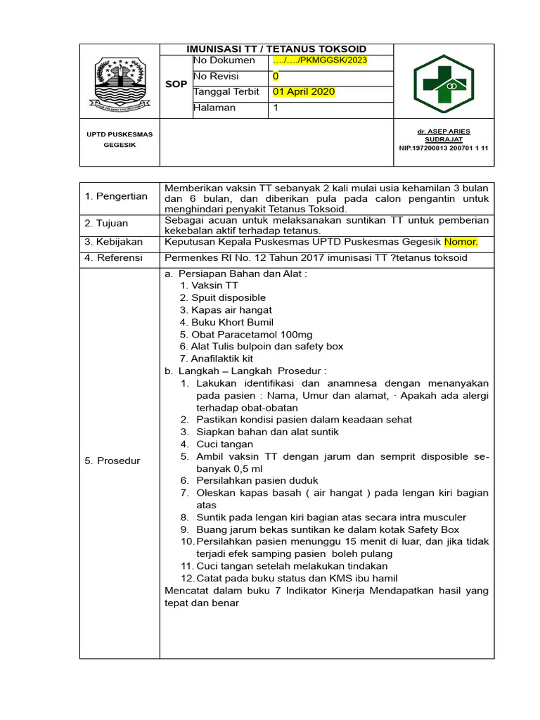 Sop Imunisasi TT Tetanus Toksoid | PDF