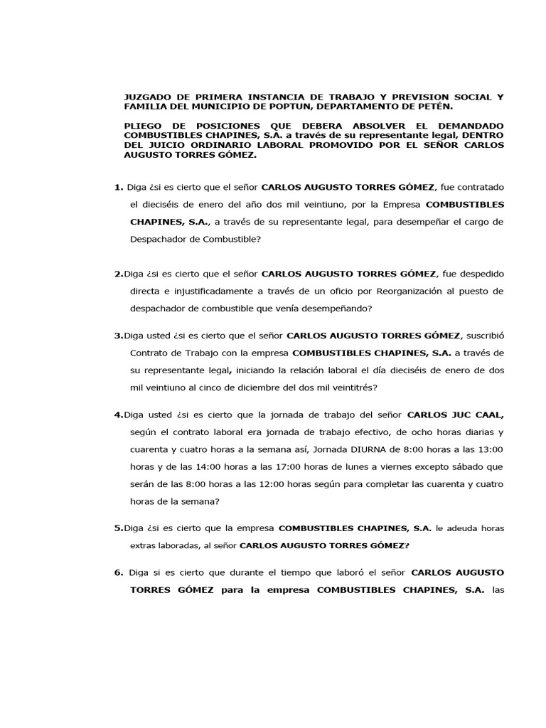 Pliego de Posiciones Que Debera Absolver El Demandado Combustibles ...