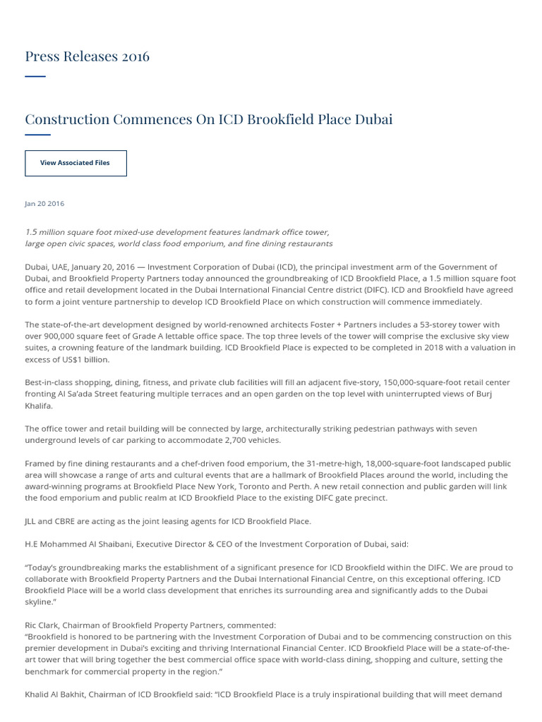 Construction Commences Icd Brookfield Place Dubai Dec 15 2023 | PDF | Dubai | Risk
