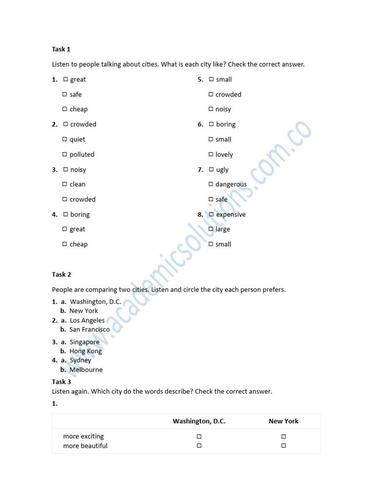 Describing Cities LISTENING - Unit 1 Level A2 | PDF