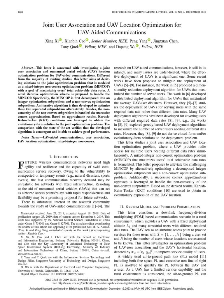Joint User Association and UAV Location Optimization For UAV-Aided Communications | PDF ...