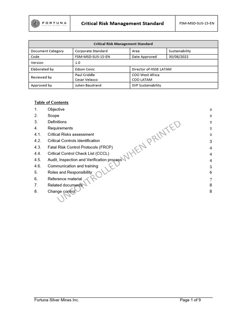 FSM-MSD-SUS-15-EN - Critical Risk Management Standard v.1 | PDF | Risk ...
