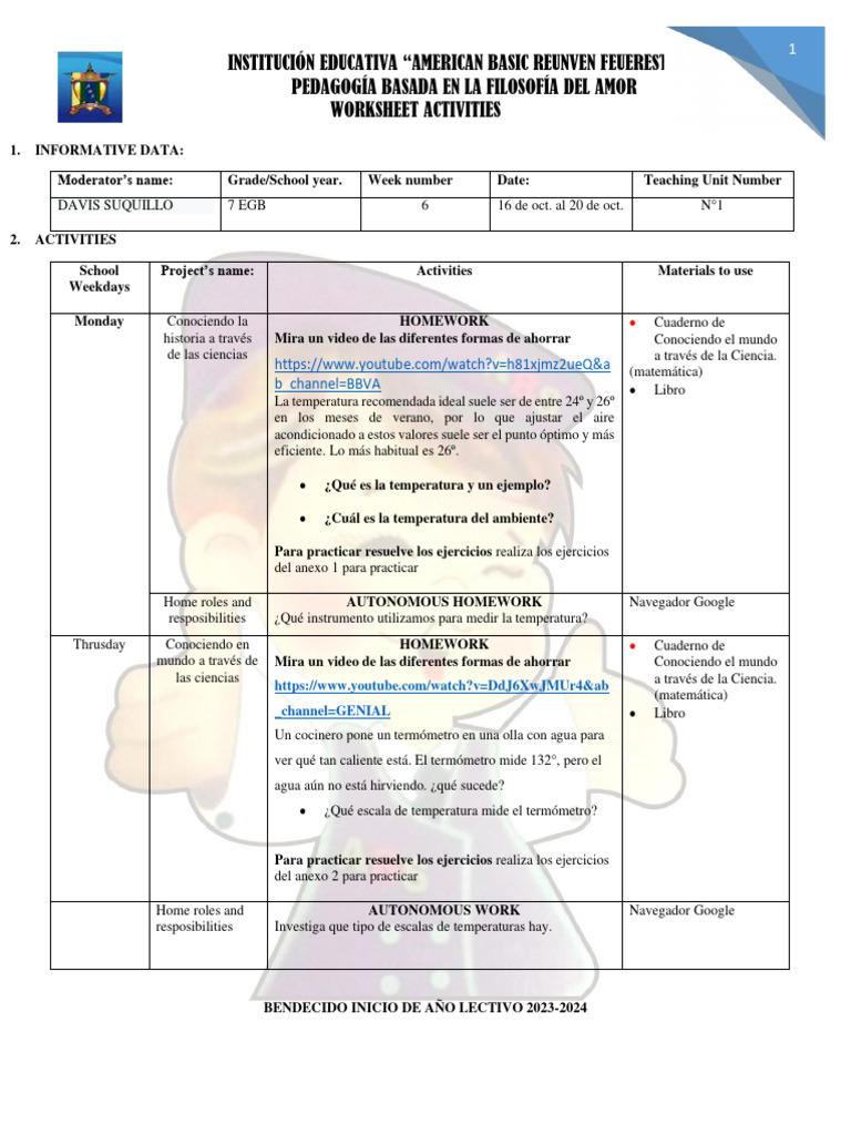 HOJA DE TAREAS 7 SEPTIMO EGB | PDF | Temperatura | Matemáticas
