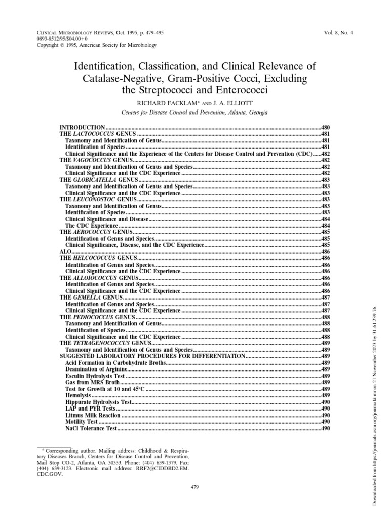 Facklam Elliott 1995 Identification Classification and Clinical Relevance of Catalase Negative ...