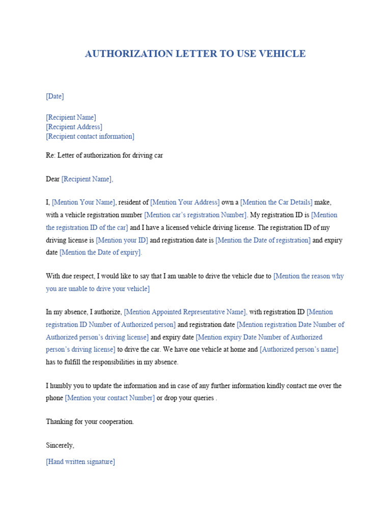Vehicle Use Authorization Letter Template | PDF