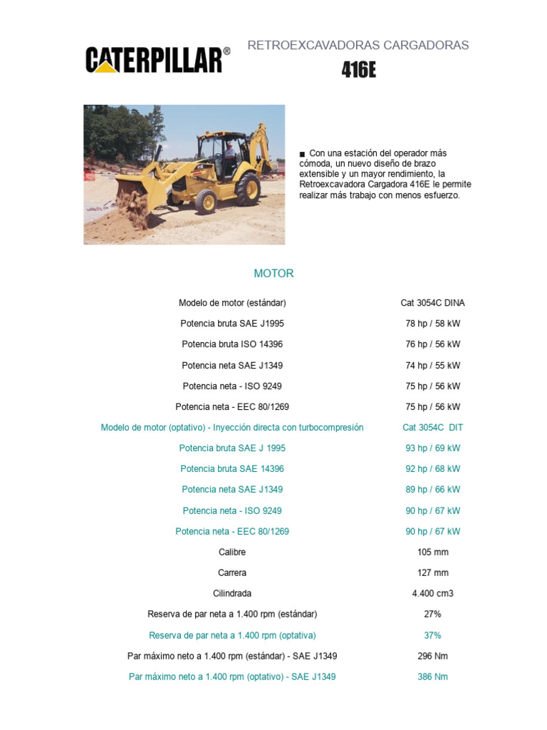 RETROEXCAVADORAS - CATERPILLAR - MODELO 416E - Dimensiones y Características | PDF