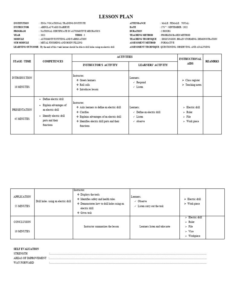 Electric Drill Lesson Plan Overview | PDF | Learning | Drill