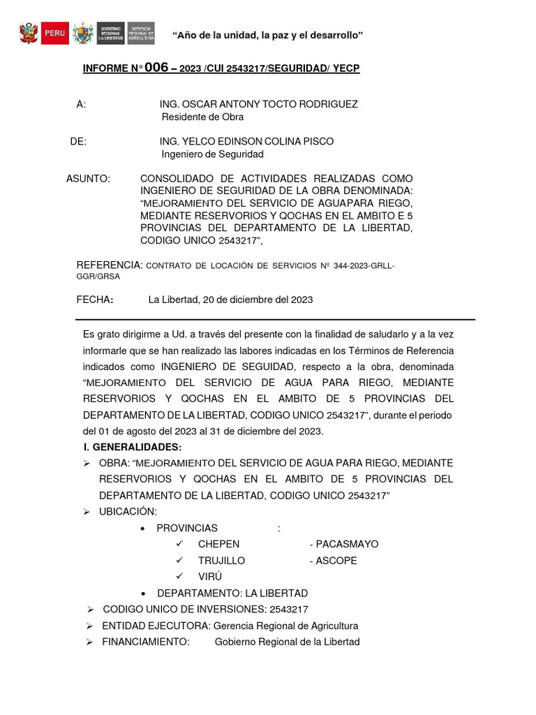 INFORME N°006-2023 - INGENIERO DE SEGURIDAD - Consolidad | PDF