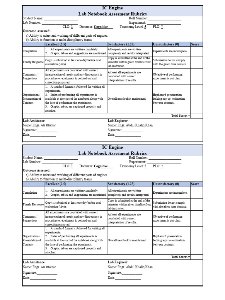 IC Engine Rubrics Demo | PDF