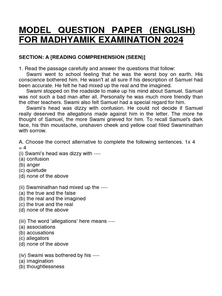 Model Question Paper For Madhyamik Examination 2024 | PDF | English ...