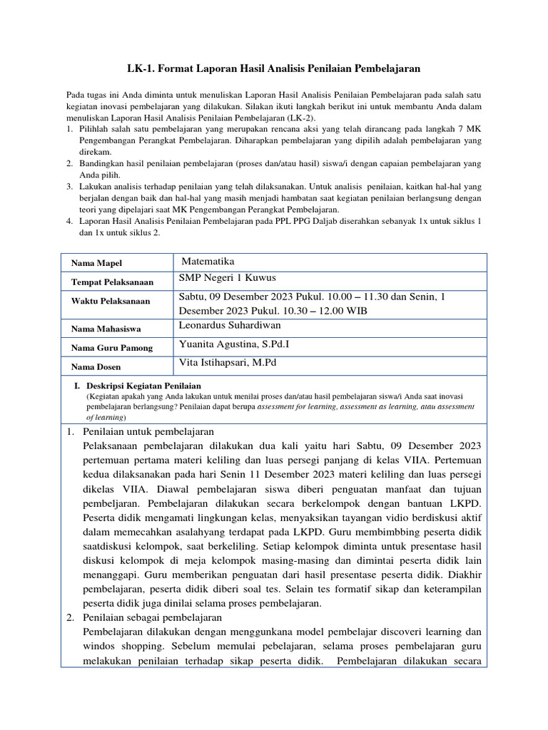 LK-1. Format Laporan Hasil Analisis Penilaian Pembelajaran | PDF | Bisnis
