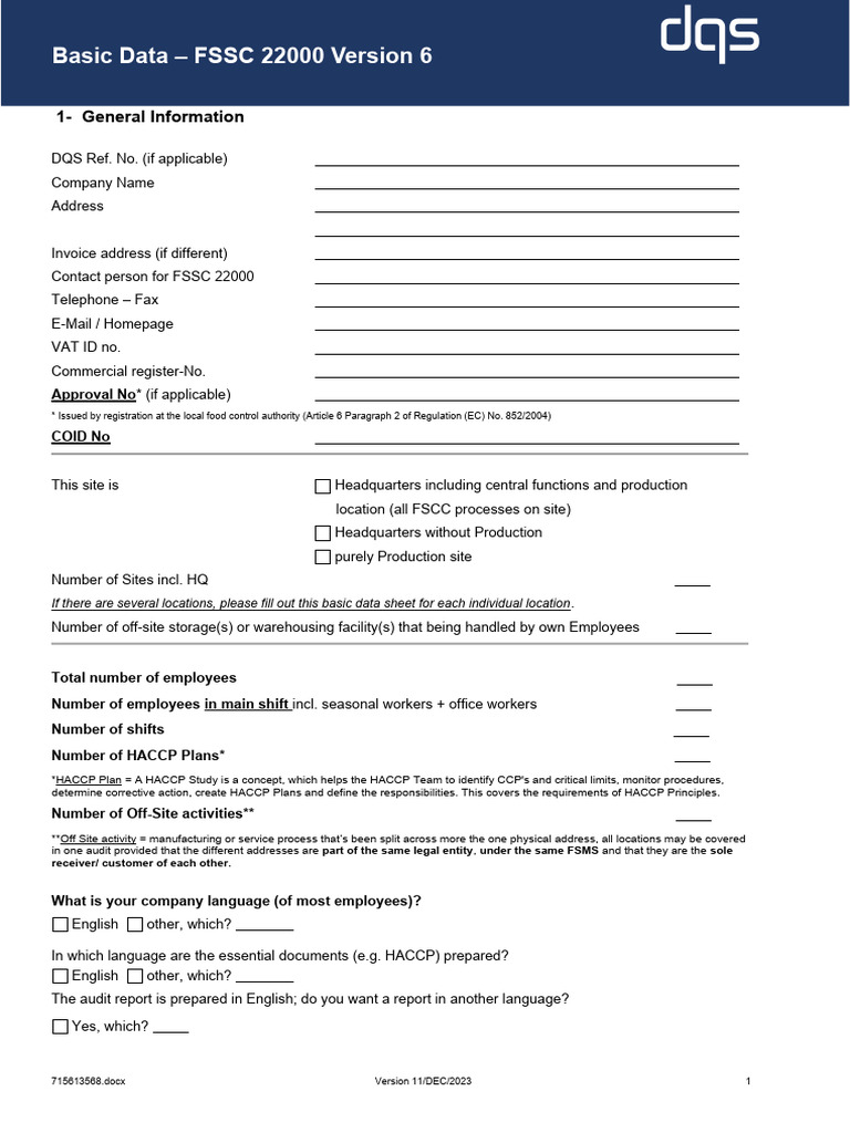 0100 - ENG - FORM - 010 - Basic data-FSSC V6 | PDF | Retail ...