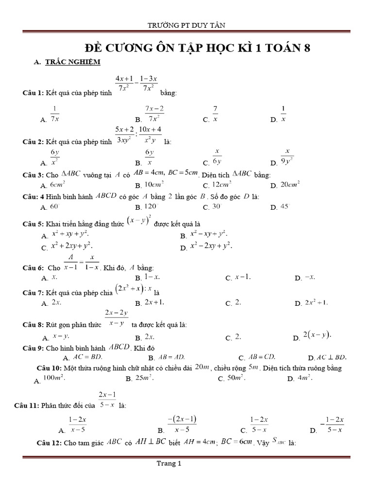 Đề Cương HK1 Toán 8 | PDF