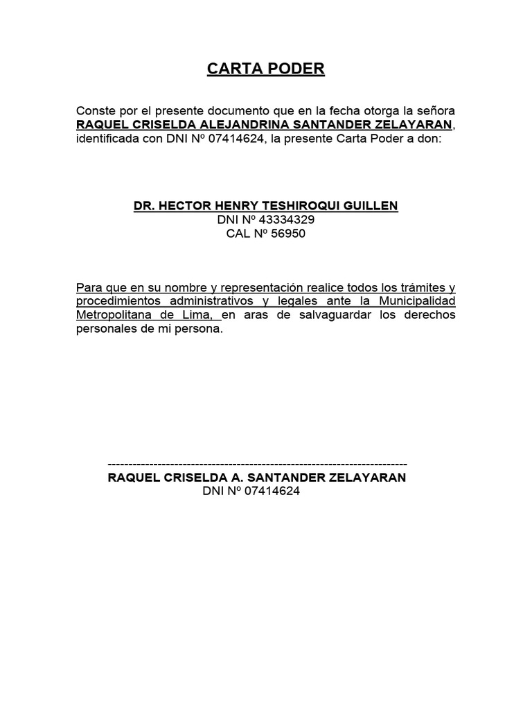 Carta Poder Raquel Santander Zelayaran | PDF