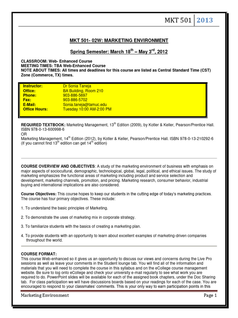 MKT 501-02W: Marketing Environment Spring Semester: March 18 - May 3 ...