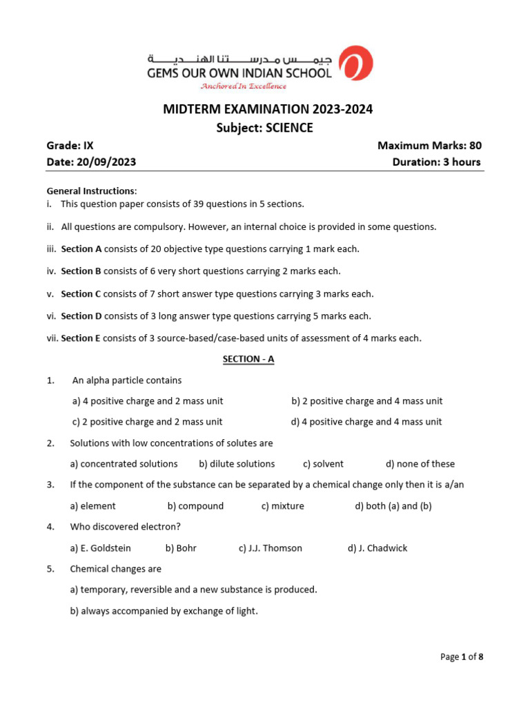 QP Grade 9 Science Midterm 2023-24 | PDF | Force | Physical Sciences