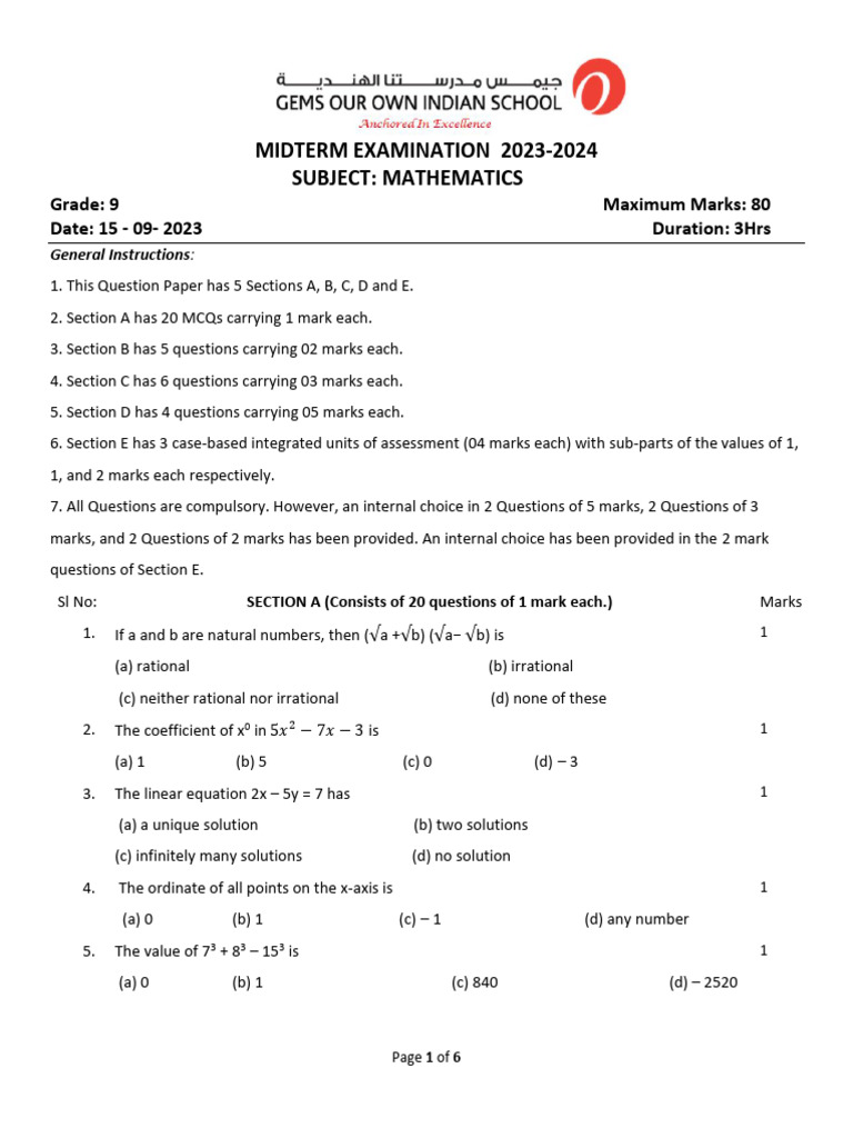 Math Midterm Examination Question Paper Grade 9 2023 | PDF | Algebra | Mathematical Objects