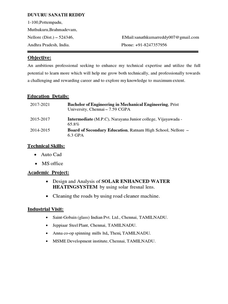Sanath Reddy Resume | PDF | Tamil Nadu