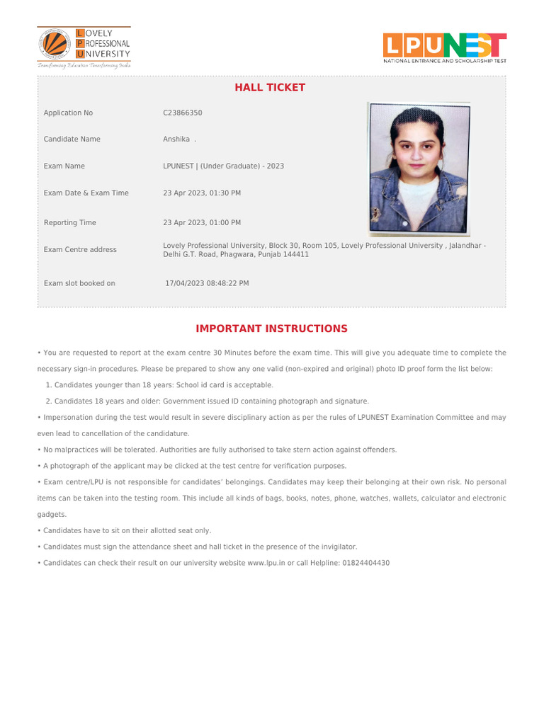 Exam Admit Card Lpu | PDF | Science