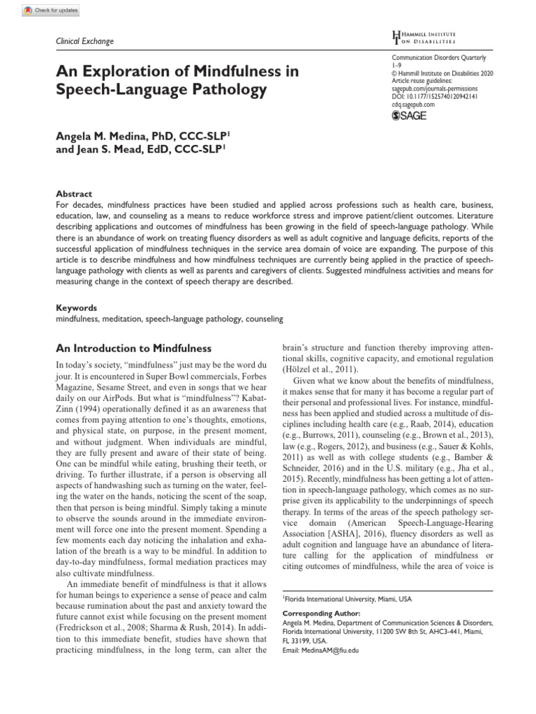 An Exploration of Mindfulness in Speech-Language Pathology: Angela M. Medina, PHD, CCC-SLP and ...