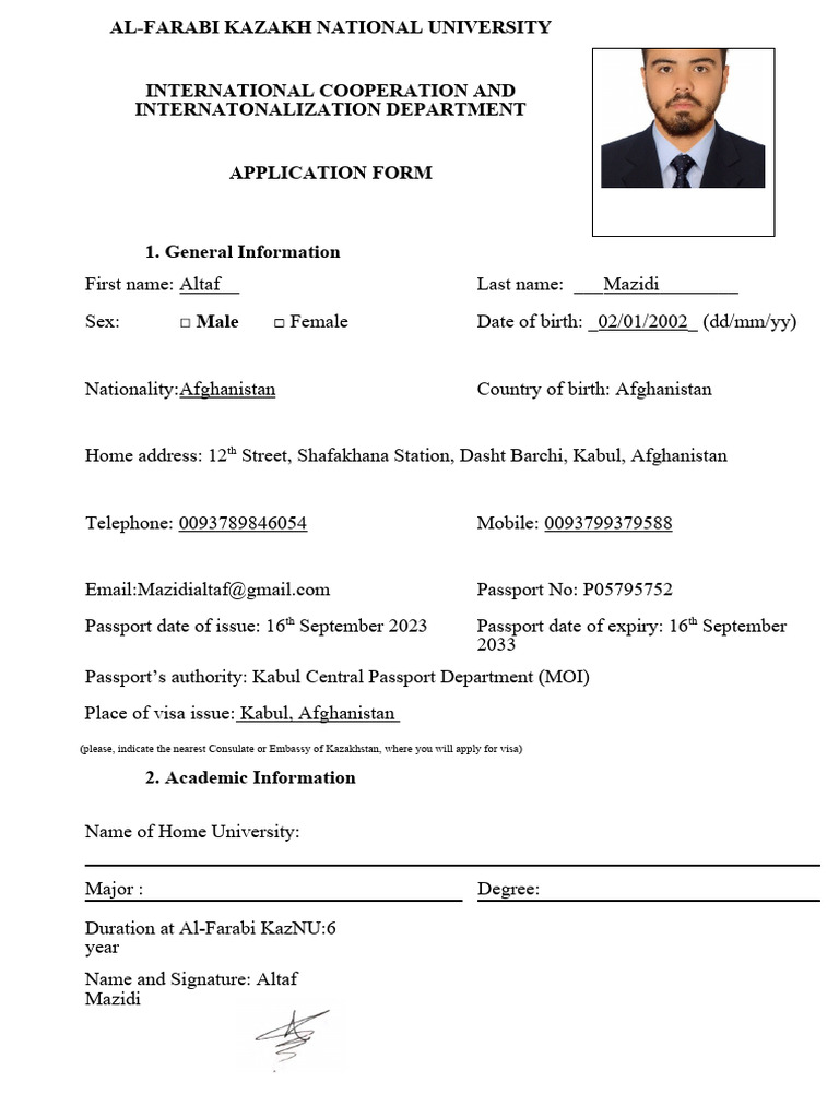 Al-Farabi KazNU Intl Application Form | PDF