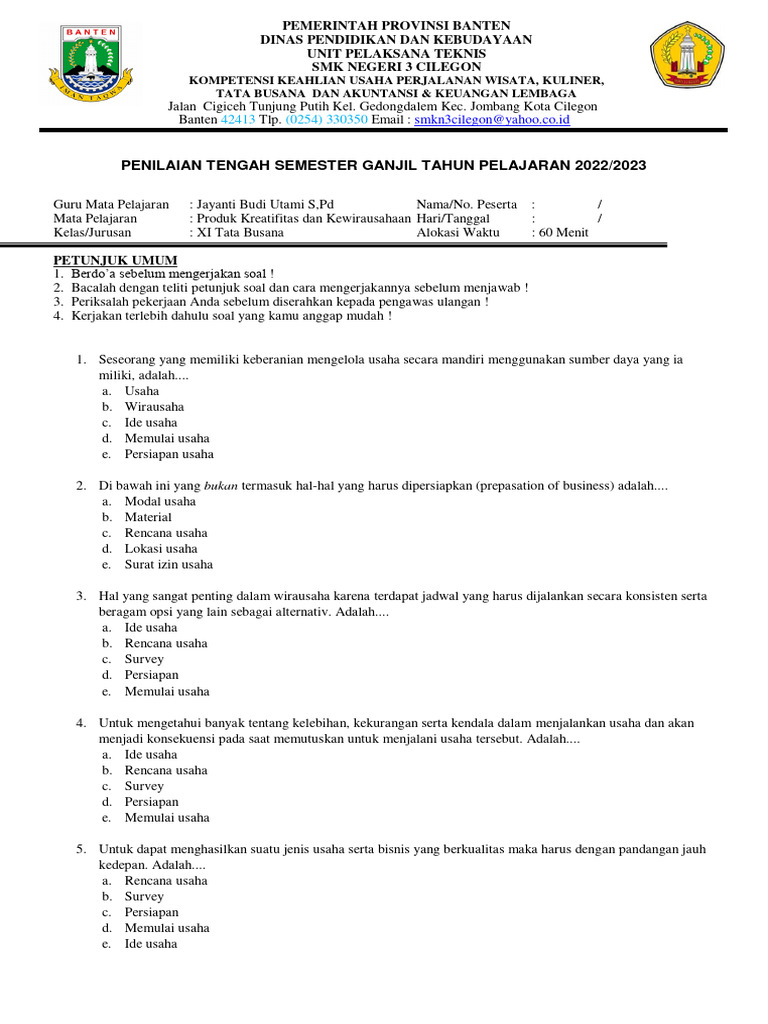 Ujian PKK XI Tata Busana | PDF | Bisnis